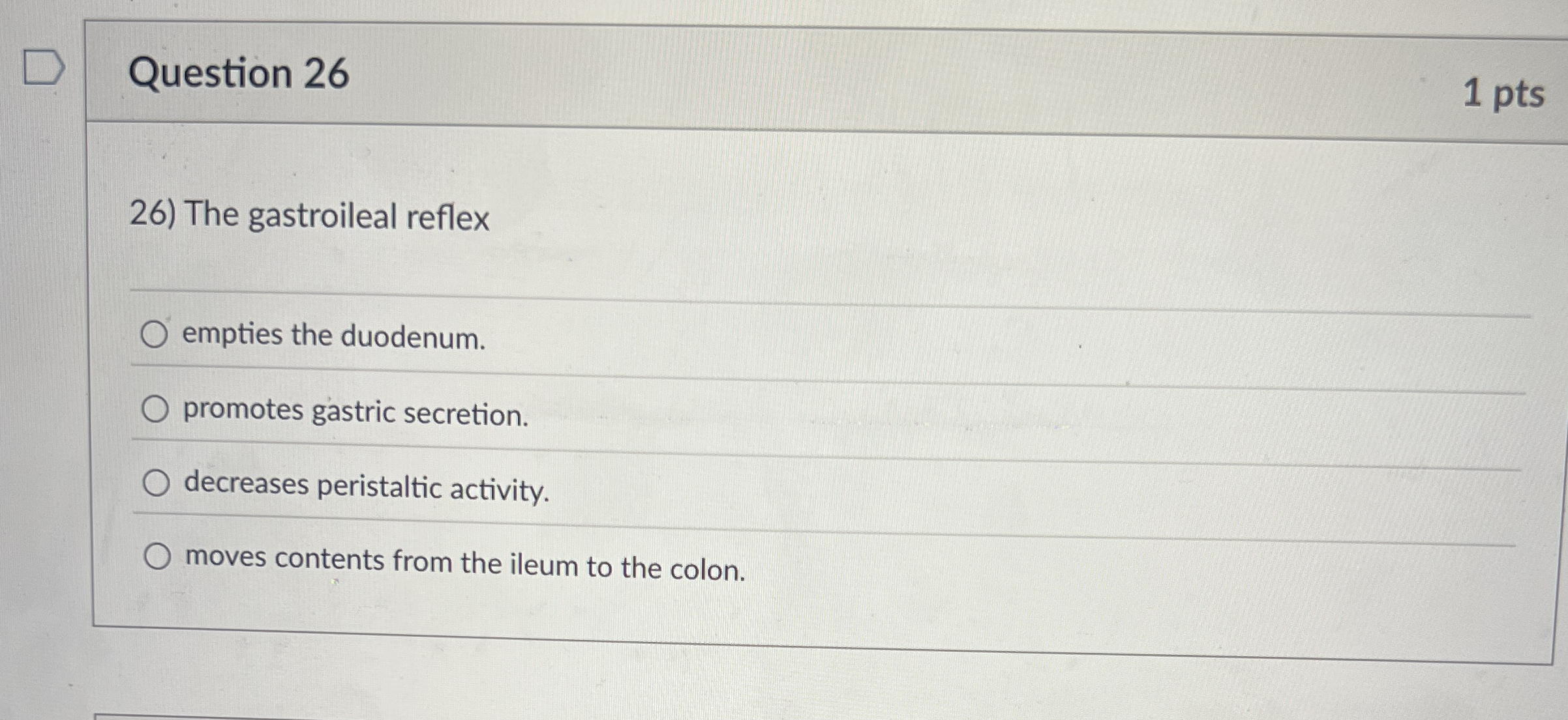 Solved Question 261 ﻿ptsThe gastroileal reflex ﻿empties the | Chegg.com