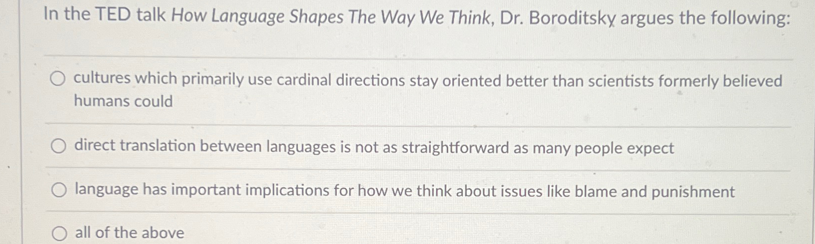 Solved In the TED talk How Language Shapes The Way We Think, | Chegg.com