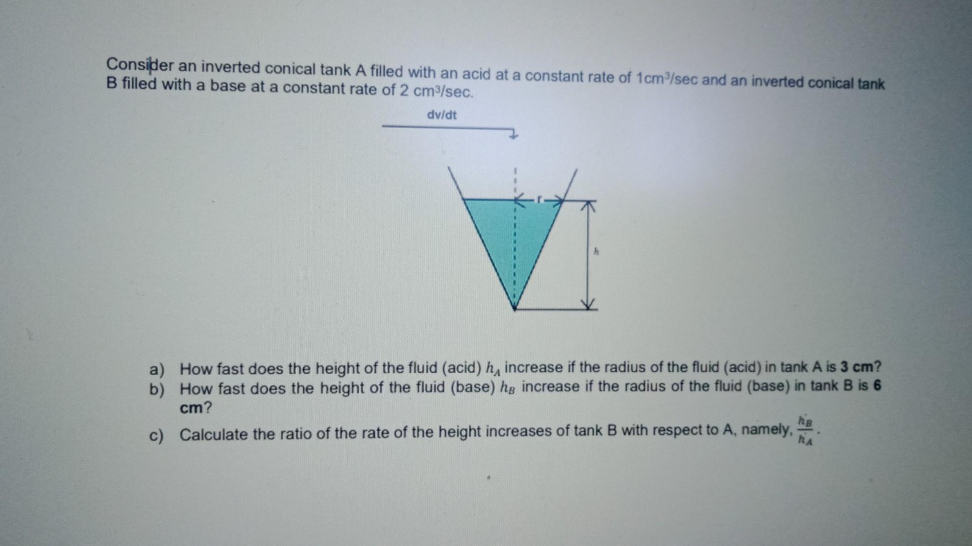 Solved Consider an inverted conical tank A filled with an | Chegg.com