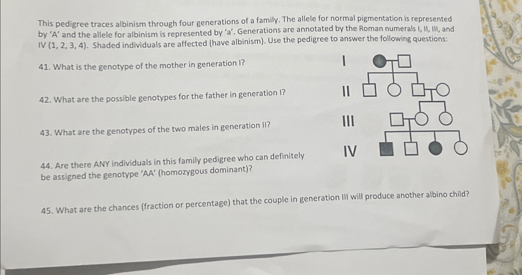 Solved This pedigree traces albinism through four | Chegg.com