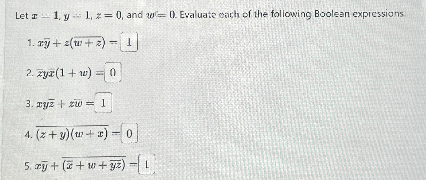 Let x=1,y=1,z=0, ﻿and w=0. ﻿Evaluate each of the | Chegg.com