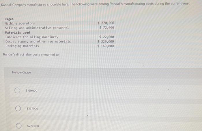 Solved Randall Company manufactures chocolate bars. The | Chegg.com