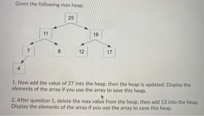 Solved Given the following max heap: 25 11 19 7 8 8 12 17 4 | Chegg.com