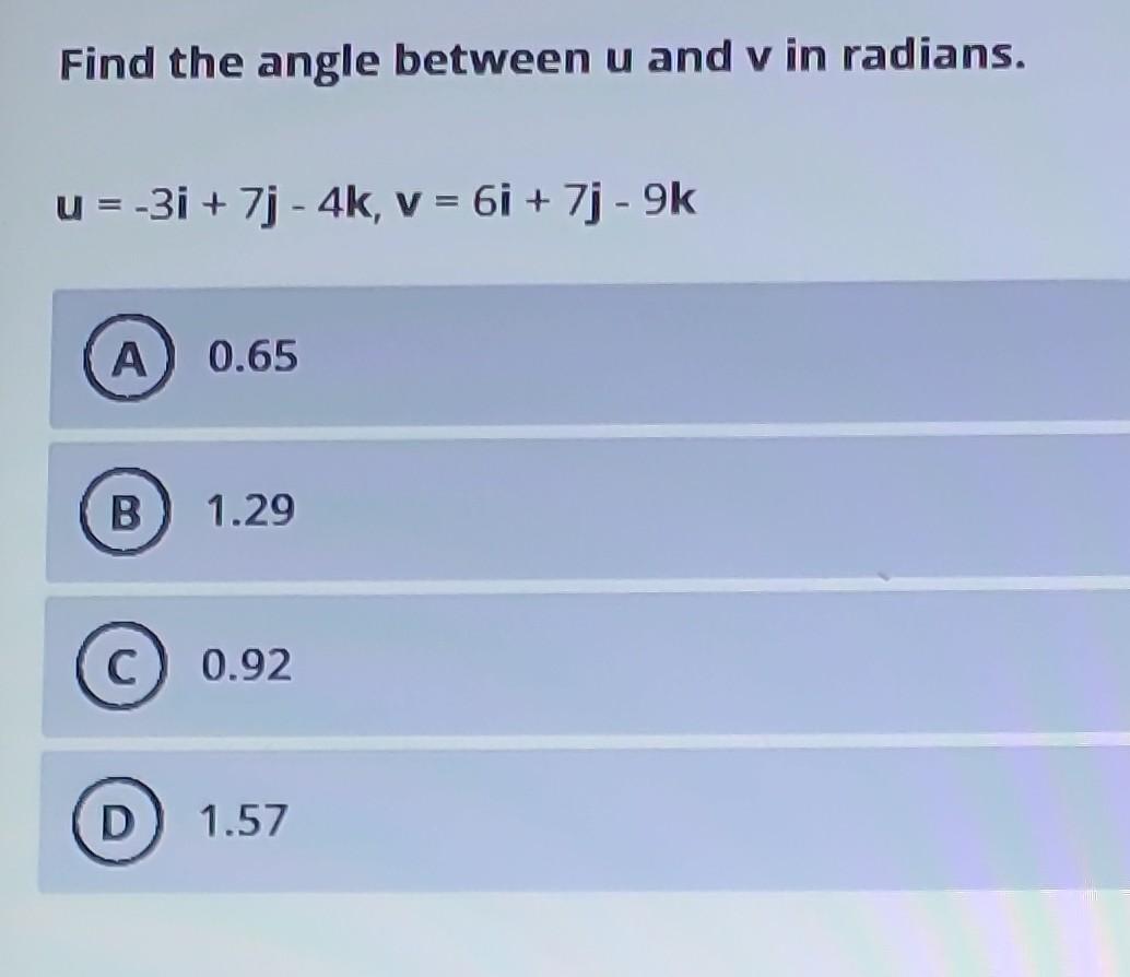 Solved Find the angle between u and v in radians. | Chegg.com