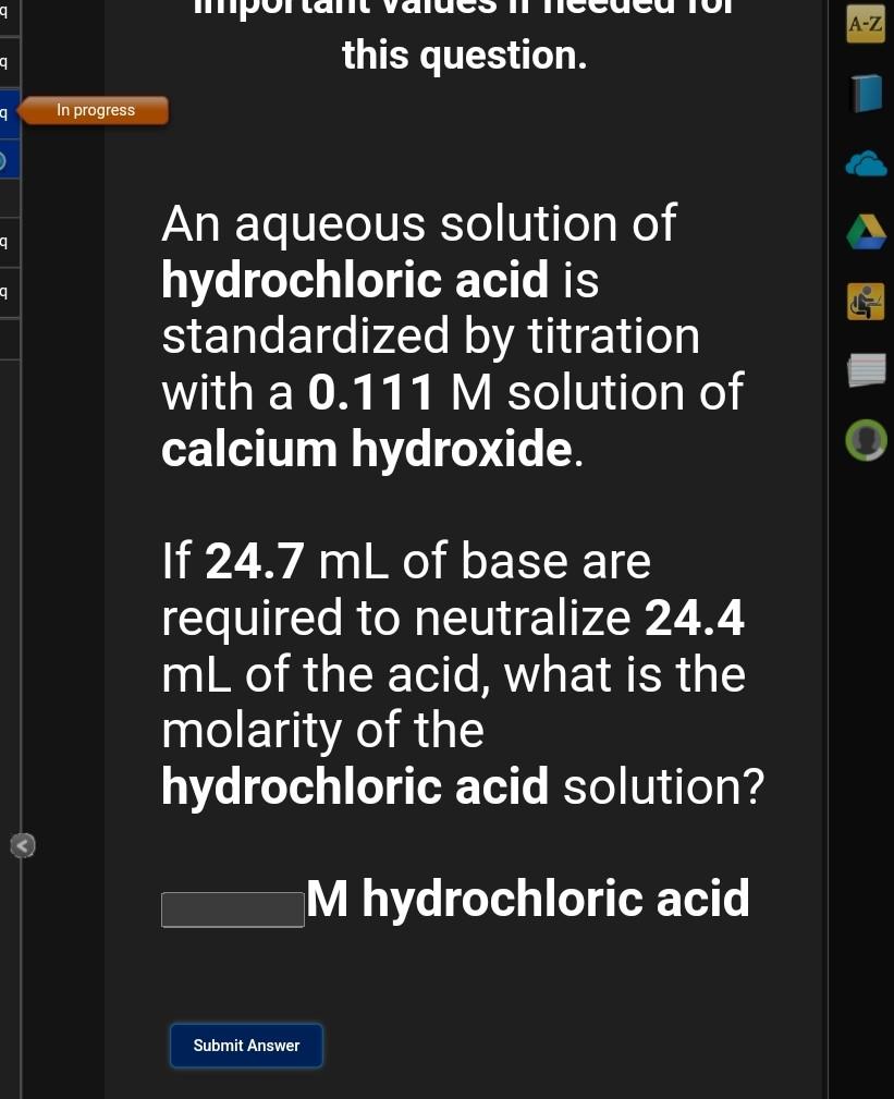 Solved An aqueous solution of hydrochloric acid is | Chegg.com