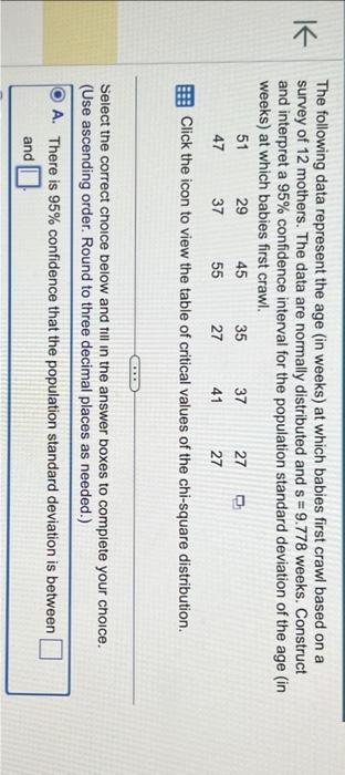 Solved The following data represent the age (in weeks) at | Chegg.com