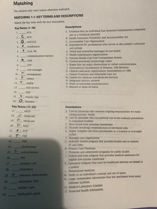 Solved Matching Use choices only once unless otherwise | Chegg.com