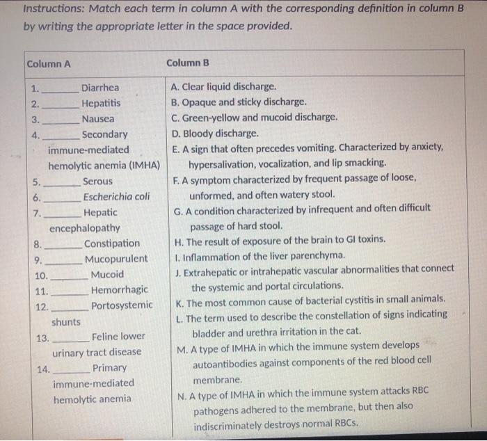 Instructions: Match each term in column A with the | Chegg.com