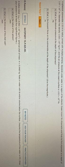 Solved A spherical submersible 1.53 min radius, armed with | Chegg.com