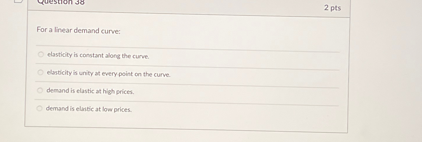 Solved 2 ﻿ptsFor a linear demand curve:elasticity is | Chegg.com