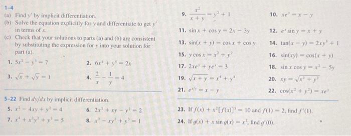 Solved 1−4 (a) Find y′ by implicit differentiation. (b) | Chegg.com