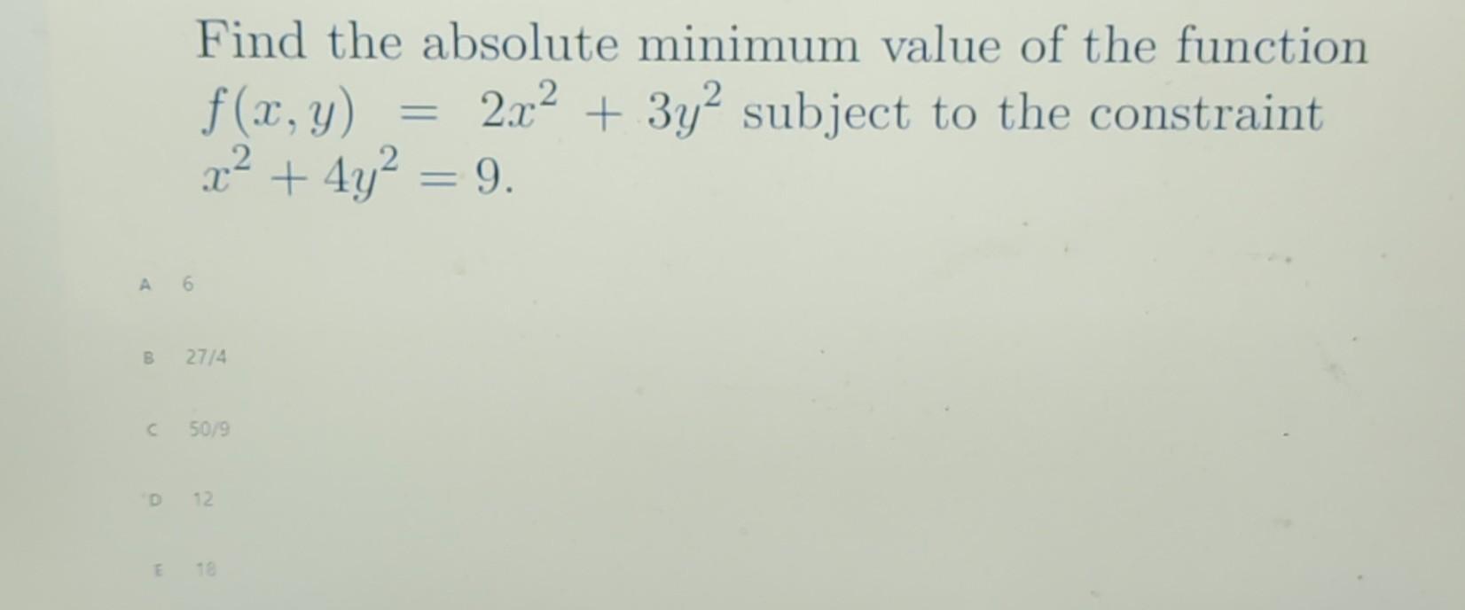 Solved Find the absolute minimum value of the function | Chegg.com