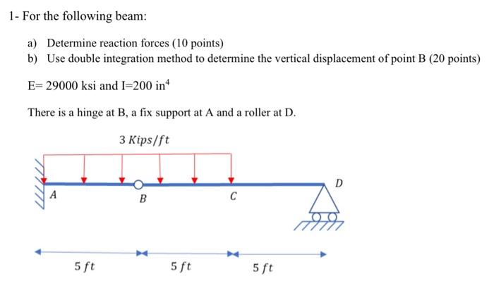 Solved 1- For the following beam: a) Determine reaction | Chegg.com