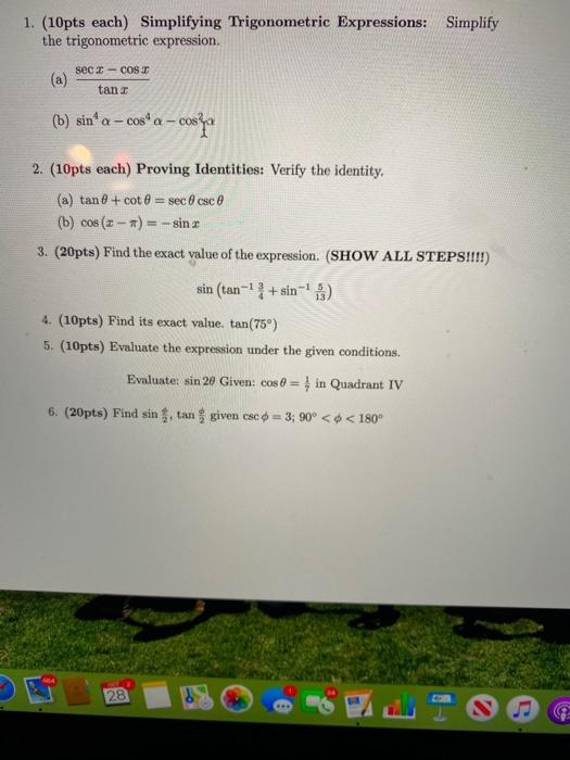 Solved 1. (10pts each) Simplifying Trigonometric | Chegg.com