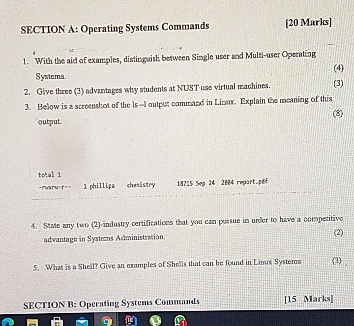 Solved [20 Marks) SECTION A: Operating Systems Commands 1. | Chegg.com
