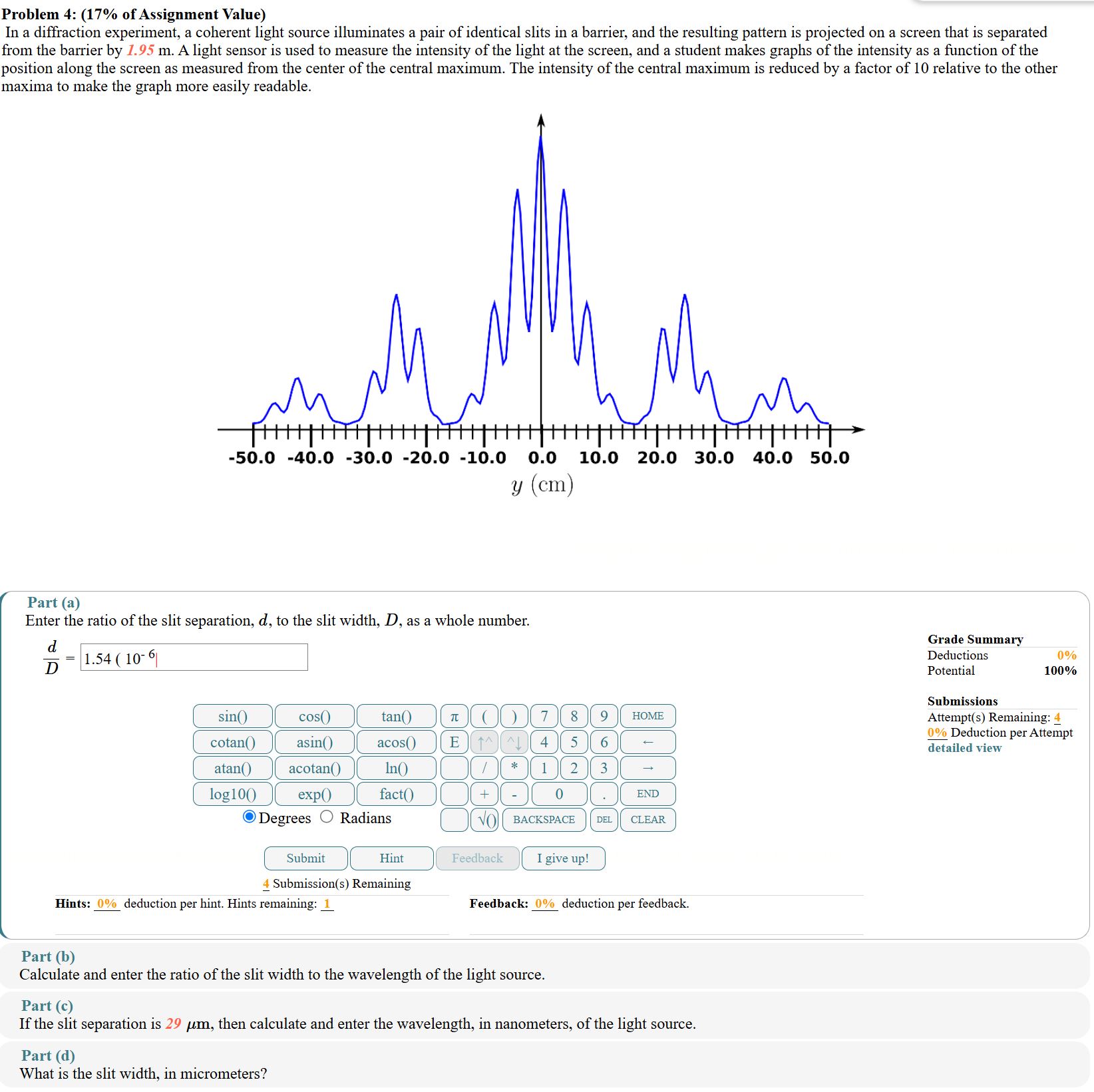 Solved Part (a) ﻿ Enter the ratio of the slit separation, | Chegg.com