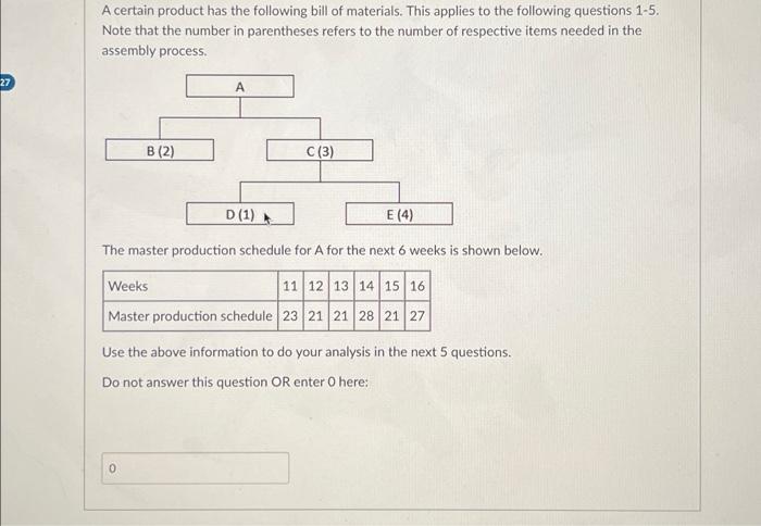 Solved 27 A certain product has the following bill of | Chegg.com