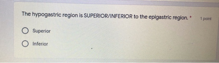 Solved The hypogastric region is SUPERIOR/INFERIOR to the | Chegg.com