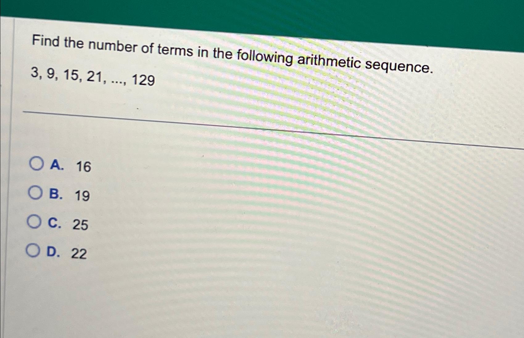 Solved Find the number of terms in the following arithmetic | Chegg.com