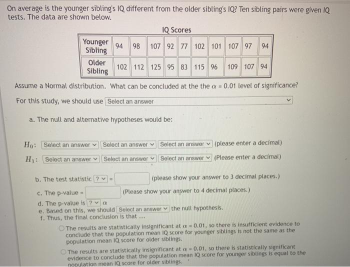 Solved On average is the younger sibling's IQ different from | Chegg.com