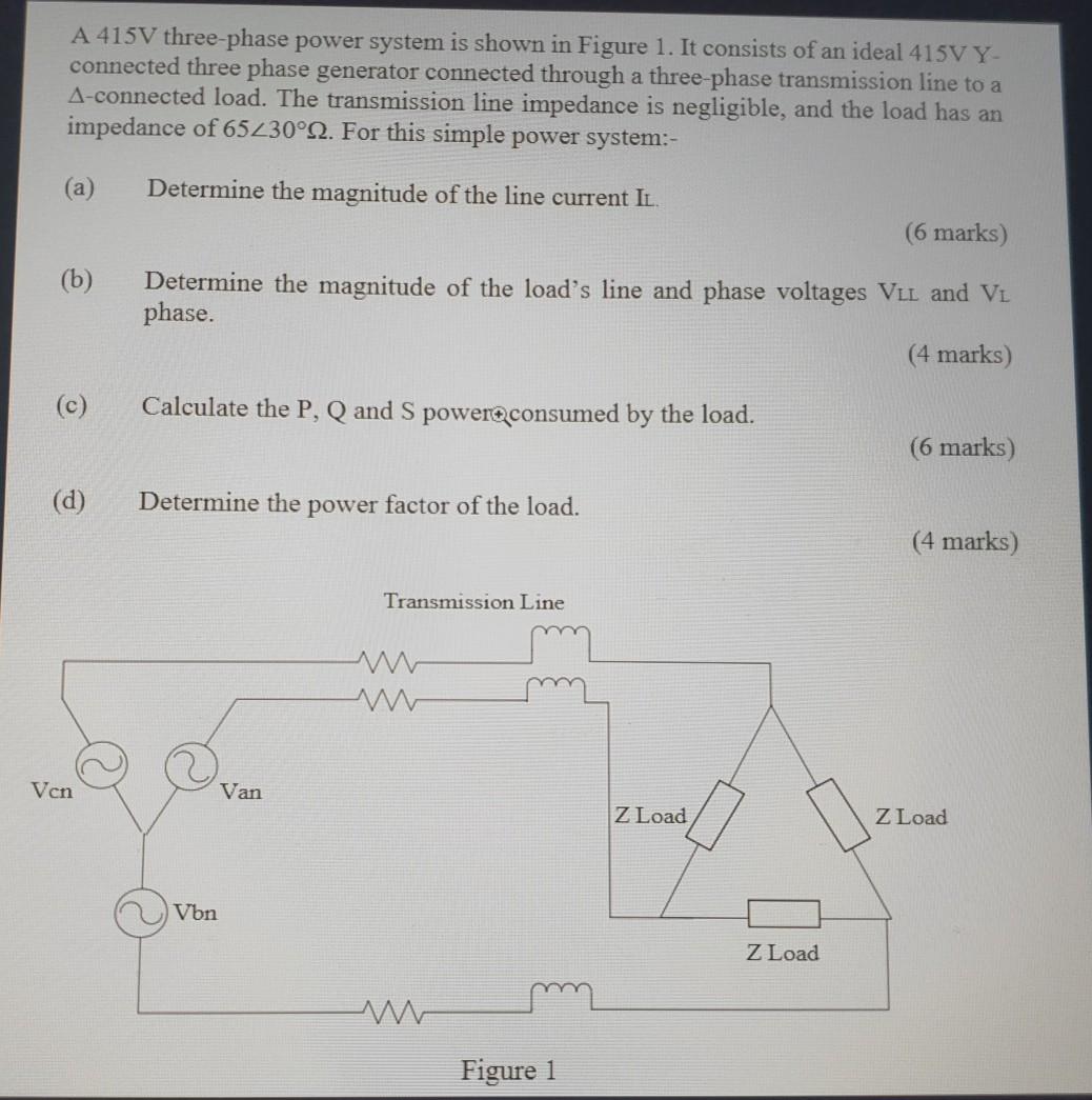 Solved A 415V three-phase power system is shown in Figure 1. | Chegg.com