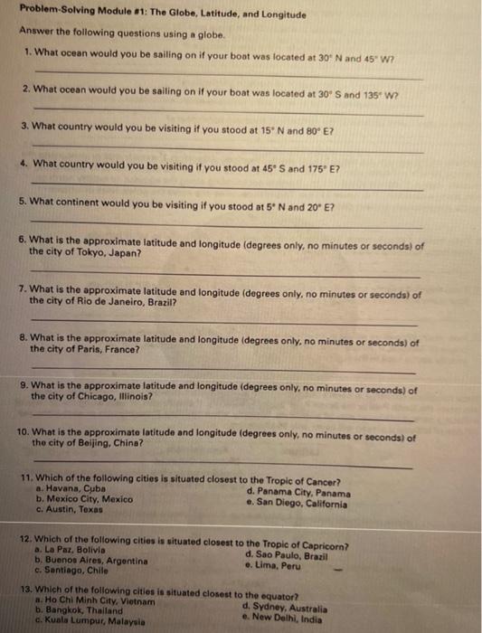 Solved Problem Solving Module 61: The Globe, Latitude, and | Chegg.com
