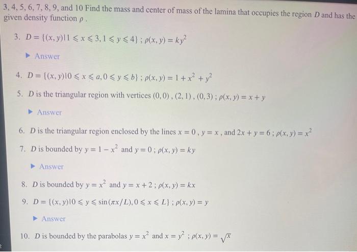 Solved 3,4,5,6,7,8,9, and 10 Find the mass and center of | Chegg.com