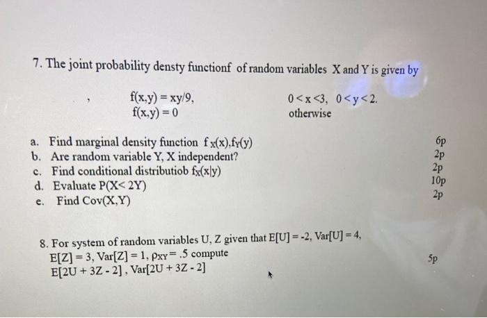 Solved 7. The joint probability densty functionf of random | Chegg.com