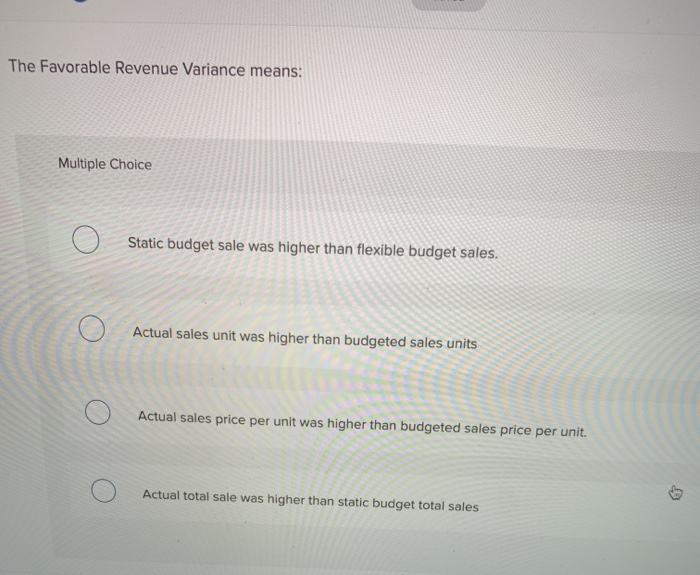 Solved The Favorable Revenue Variance means: Multiple Choice | Chegg.com