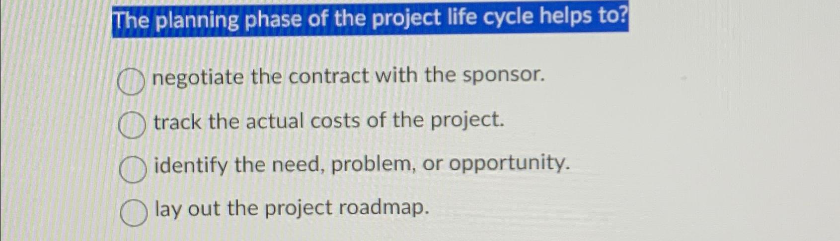 Solved The planning phase of the project life cycle helps | Chegg.com