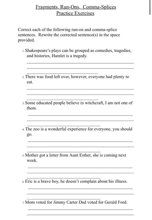 Fragments, Run-Ons. Comma-Splices Practice Exercises | Chegg.com