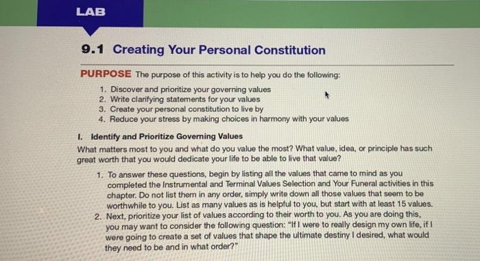 LAB 9.1 Creating Your Personal Constitution PURPOSE | Chegg.com