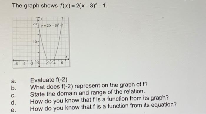 Solved The graph shows f(x)= 2(x-3) -1. 20 y = 2x - 3)-1 10- | Chegg.com