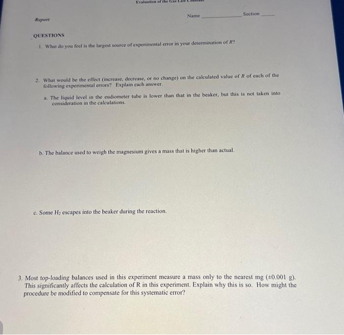Solved Rever Name Section 1. What do you feel is the largest | Chegg.com