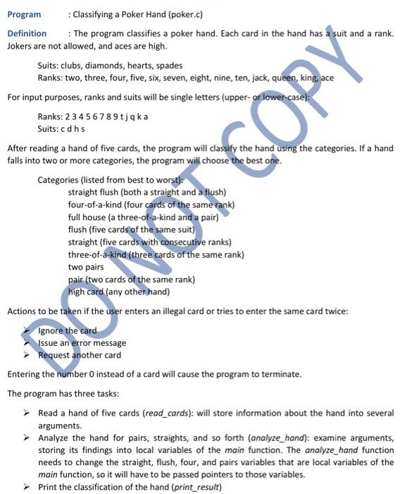 Solved Definition : The program classifies a poker hand. | Chegg.com