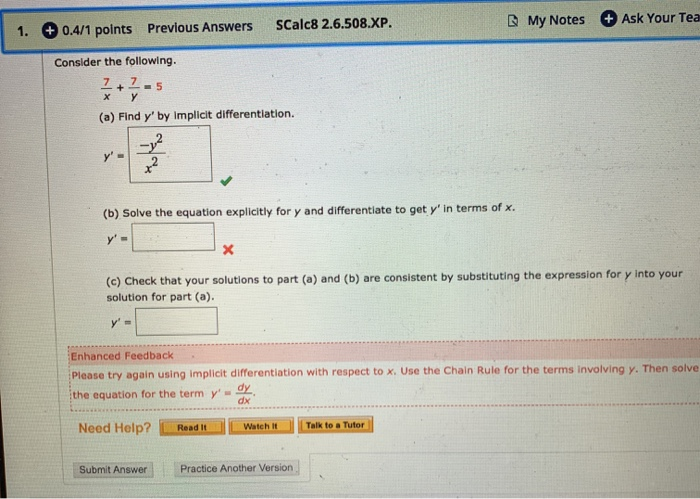 Solved 1. + 0.4/1 points Previous Answers Calc8 2.6.508.XP. | Chegg.com