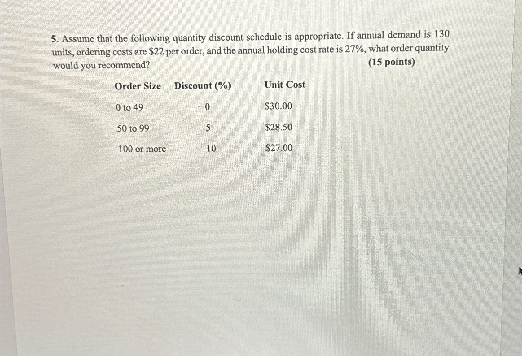 Solved Assume that the following quantity discount schedule | Chegg.com