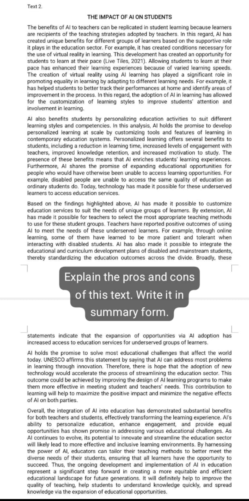 Text 2.THE IMPACT OF AI ON STUDENTSThe benefits of Al | Chegg.com