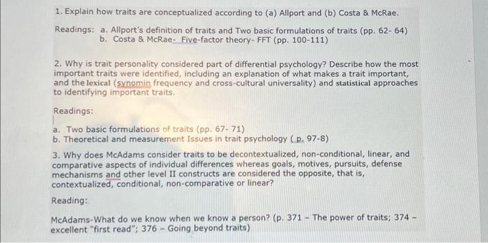 Solved 1. Explain how traits are conceptualized according to | Chegg.com