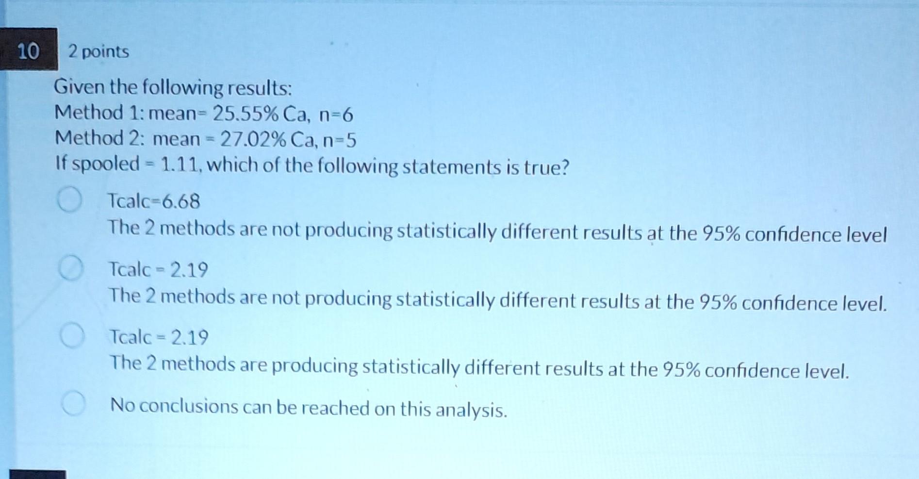 Solved 2 points Given the following results: Method 1: mean | Chegg.com