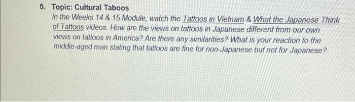 Solved 5. Topic: Cultural Taboos In the Weeks 14 & 15 | Chegg.com