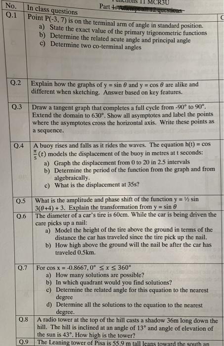 Solved No. In class questions Q.1 MCR3U Part Home 12 | Chegg.com