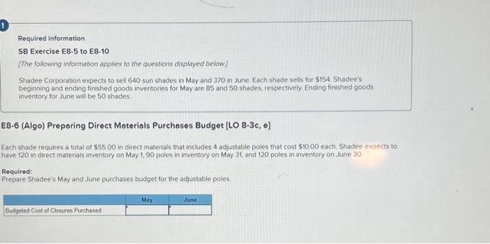 Solved Required information SB Exercise E8.5 to E8-10 [The | Chegg.com