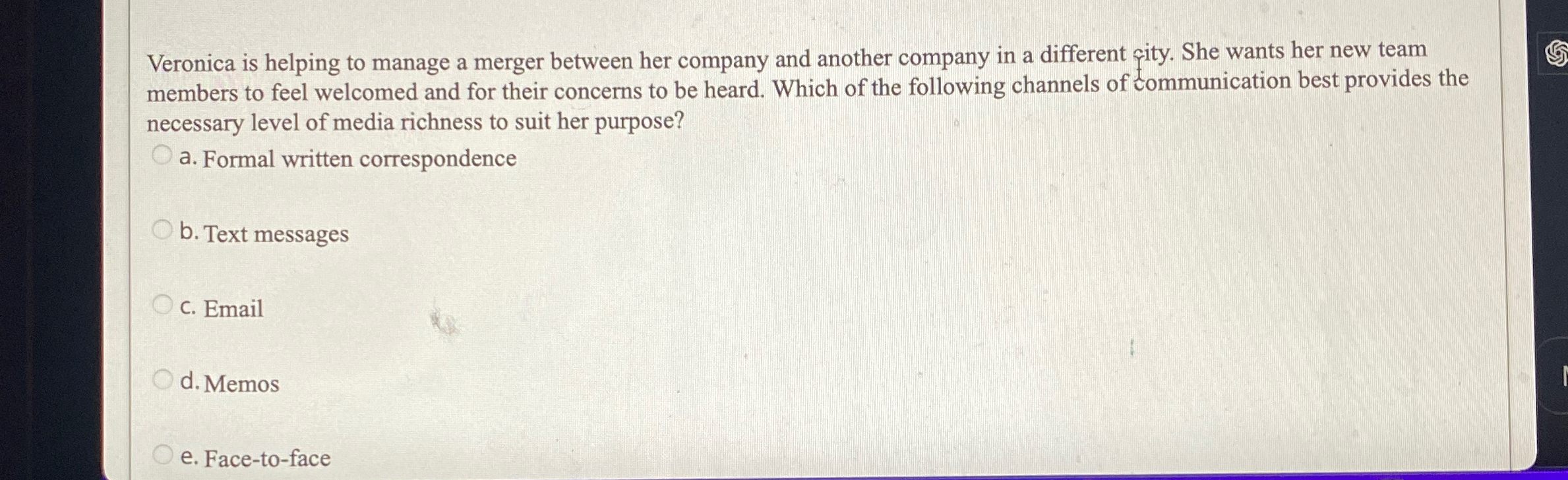 Solved Veronica is helping to manage a merger between her | Chegg.com