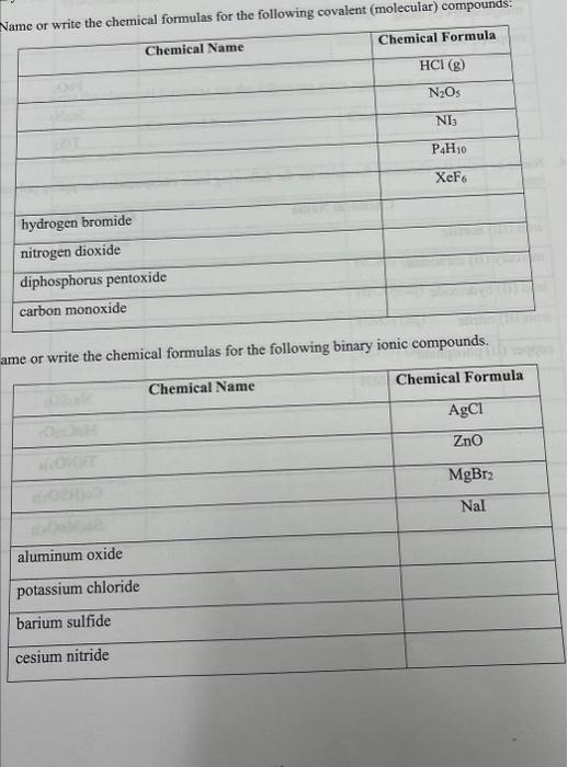 Solved Name or write the chemical formulas for the following | Chegg.com