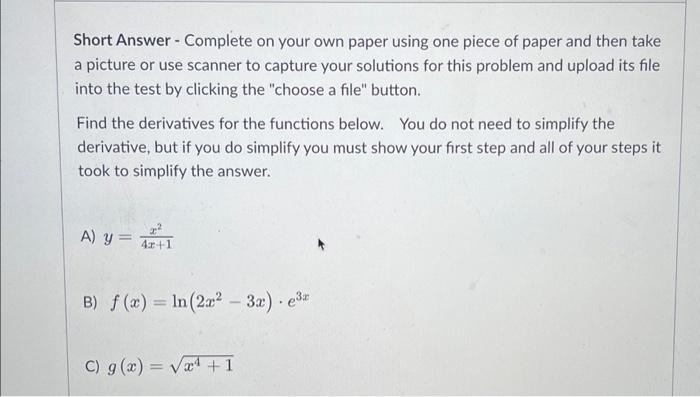 Solved Short Answer - Complete on your own paper using one | Chegg.com
