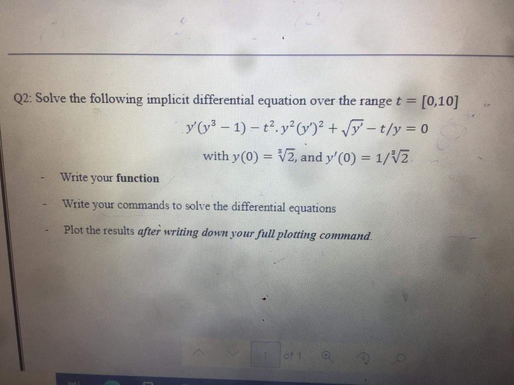 Solved Q2: Solve the following implicit differential | Chegg.com