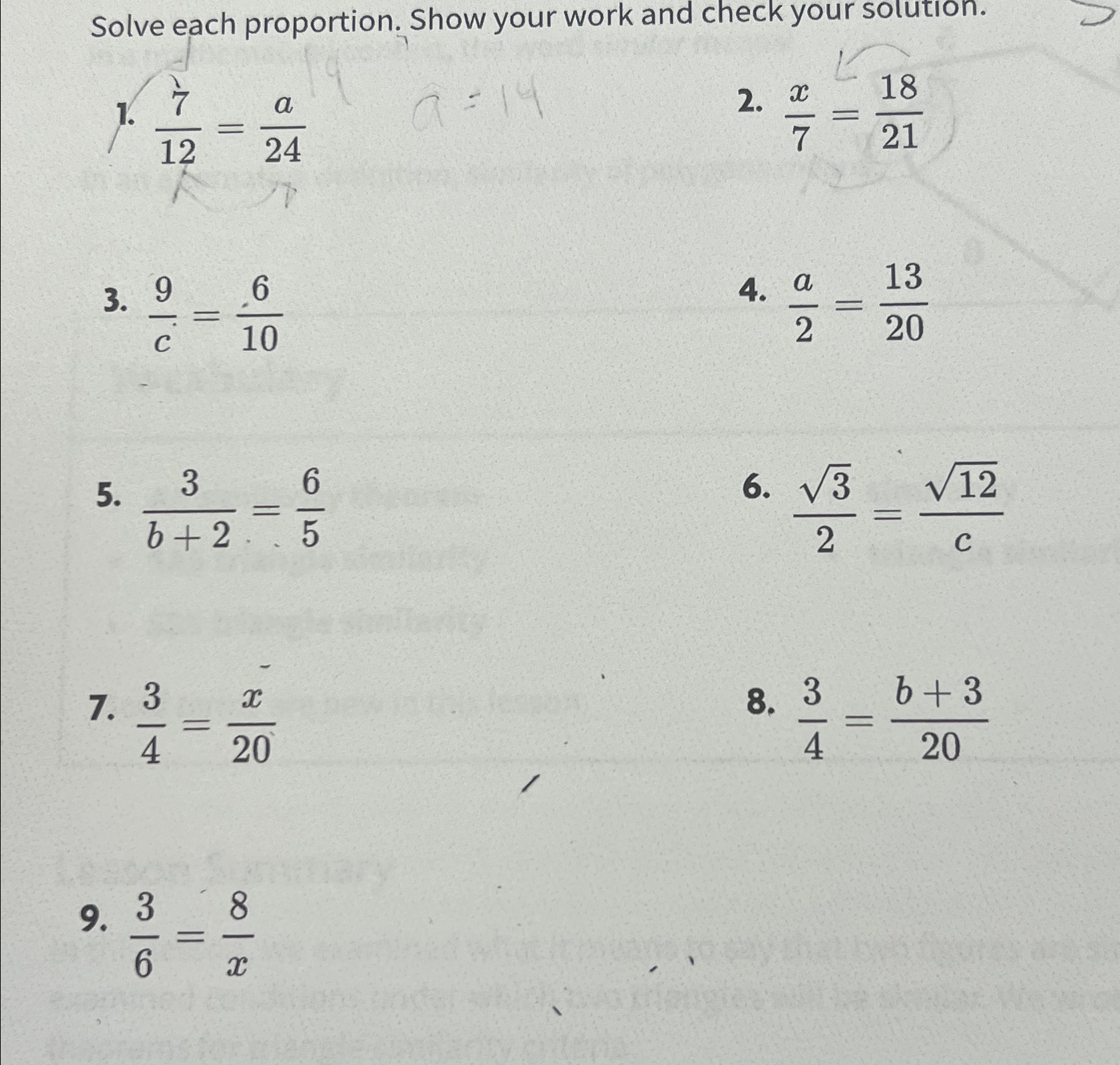Solved Solve each proportion. Show your work and check your | Chegg.com