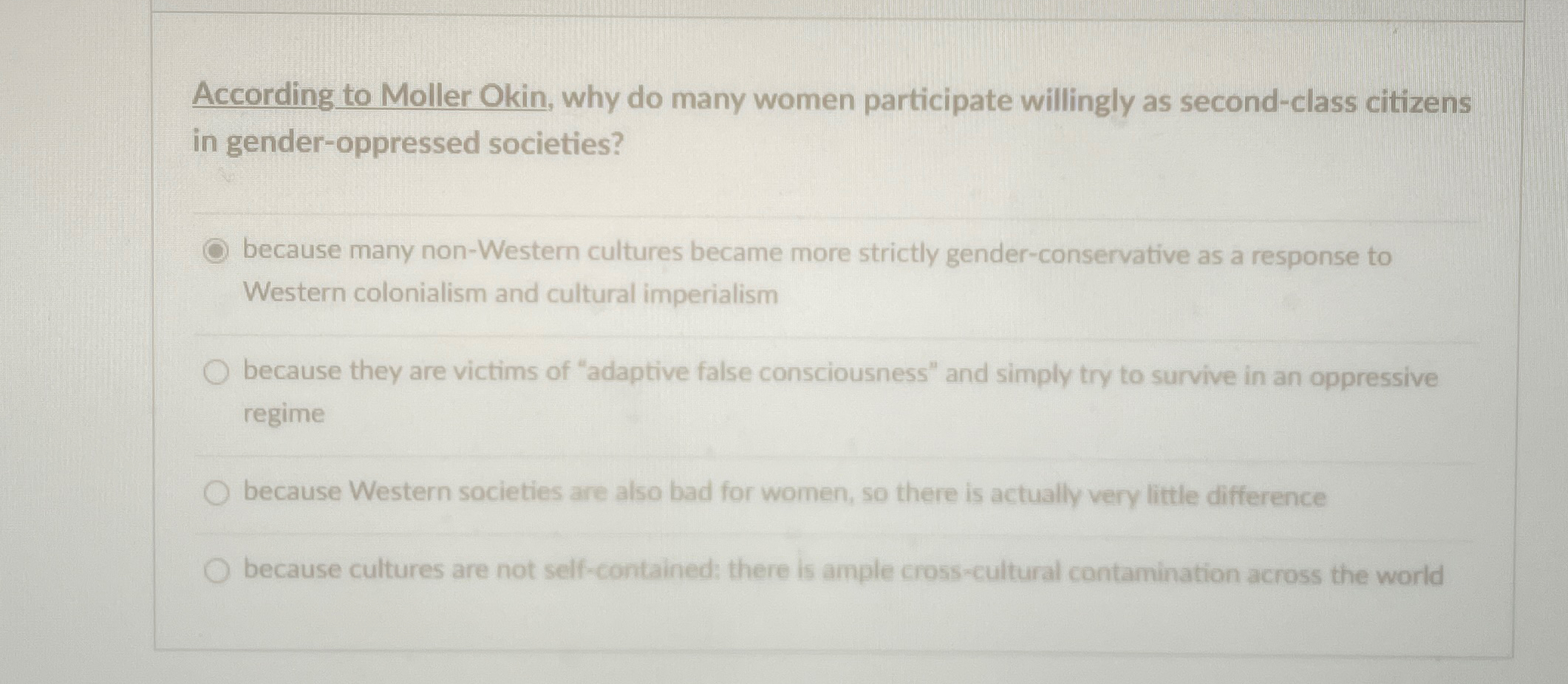 Solved According to Moller Okin, why do many women | Chegg.com