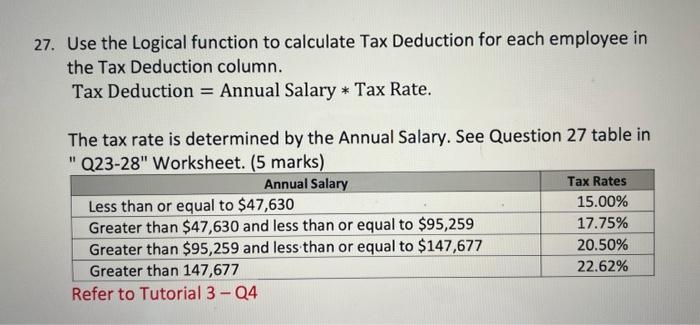Solved Use the Logical function to calculate Tax Deduction | Chegg.com